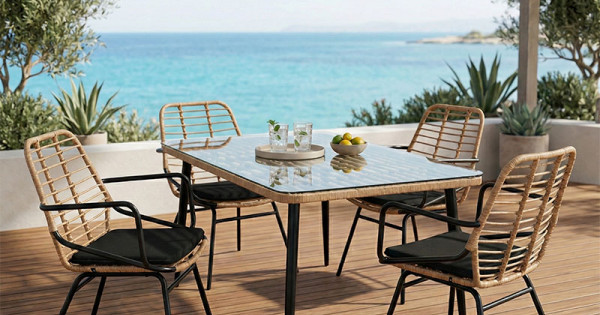 Dining table Naoki A pakoworld set of 5 natural rattan-black metal ...