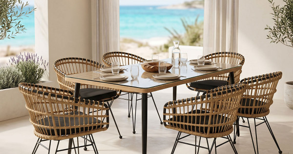 Dining table Naoki C pakoworld set of 7 natural rattan-black metal ...