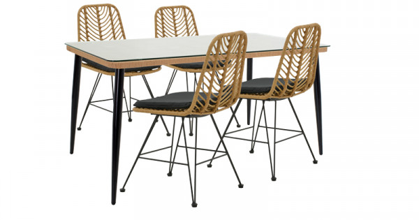 Naoki D pakoworld dining table set of 7 natural rattan-black metal ...